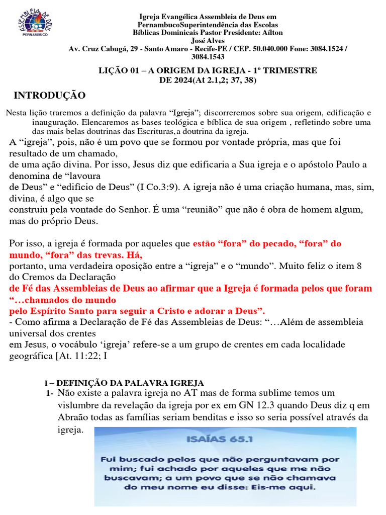 Lição 01 - A Oriem Da Igreja | PDF | Igreja cristã | Igreja católica