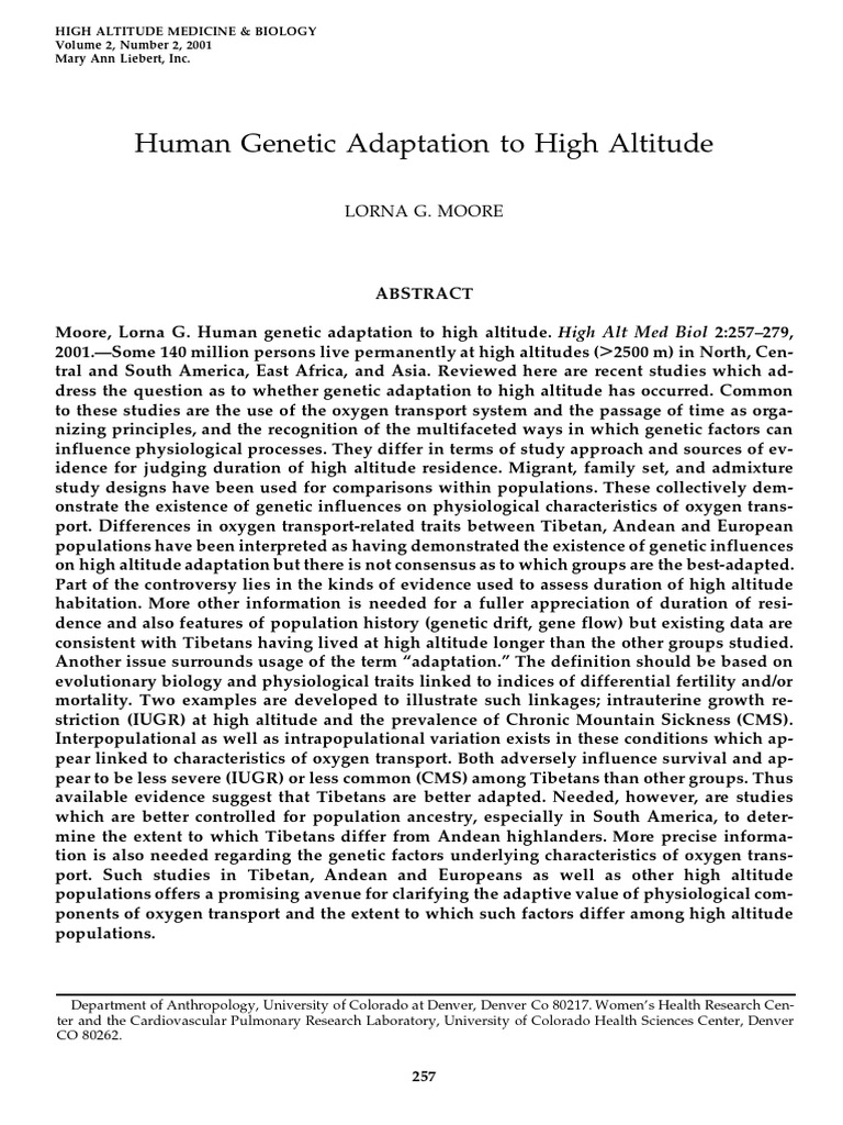 Moore LG. 2001. Human Genetic Adaptation To High Altitude | PDF ...