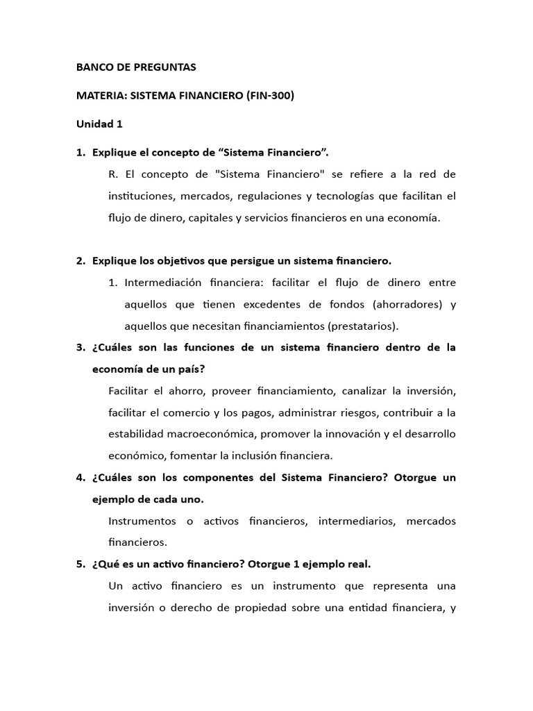 Banco de Preguntas - Unidades 1,2 y 3 | PDF | Bancos | Sistema financiero