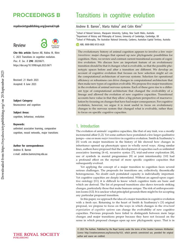 Transitions in Cognitive Evolution | PDF