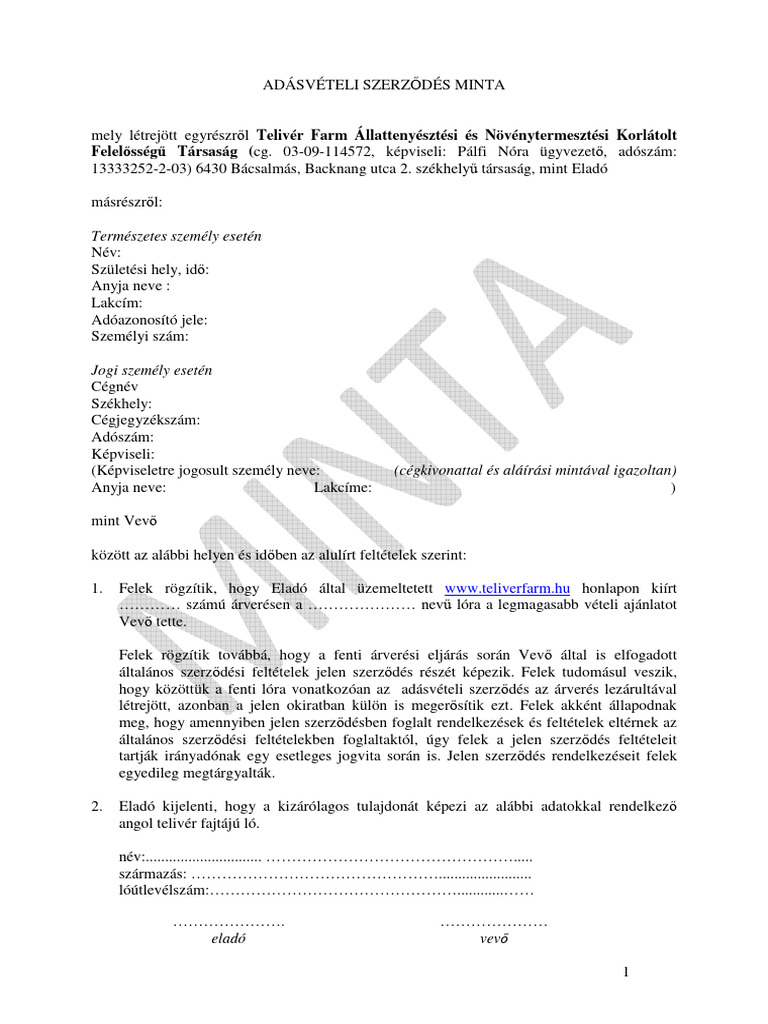 Adasveteli Szerzodes Minta | PDF