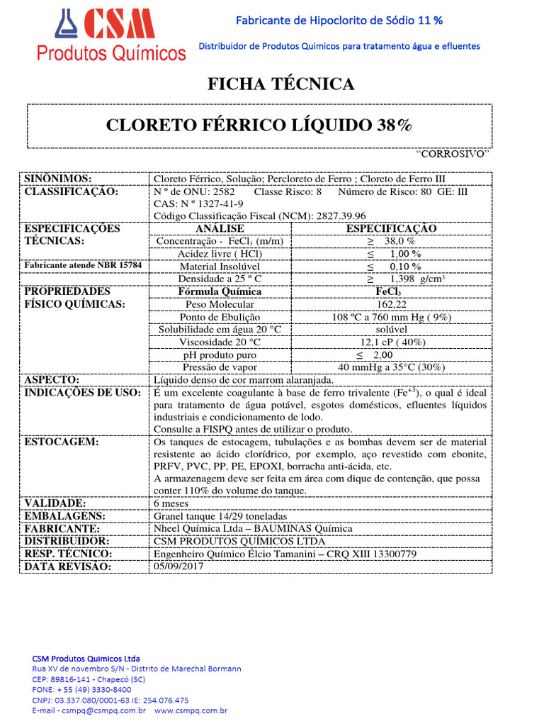 Ficha Técnica - Cloreto Férrico 38 (CSM) | PDF