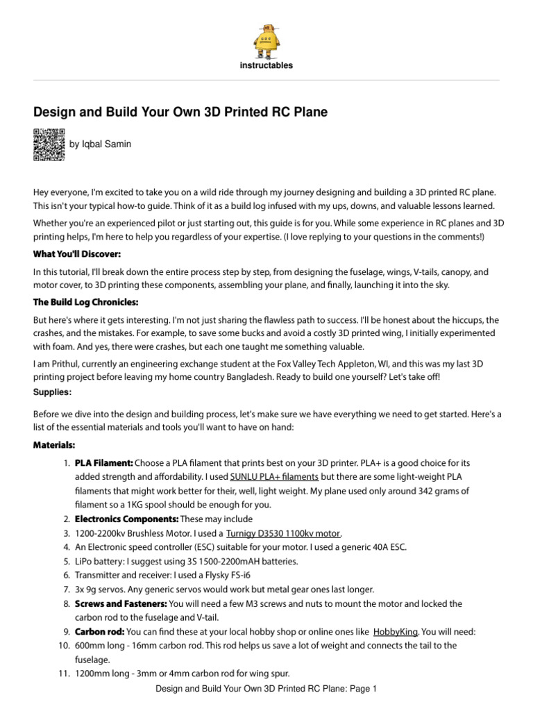 Design and Build Your Own 3D Printed RC Plane | PDF | 3 D Printing ...