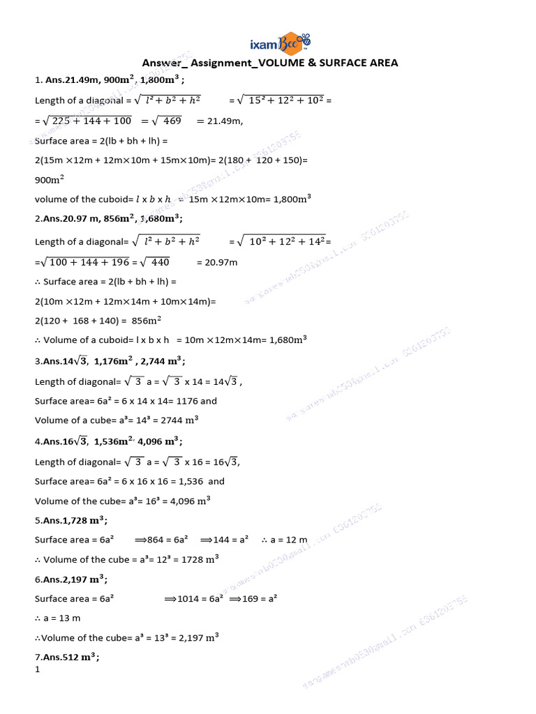 Answer - Assignment - Volume and Surface Area PDF | PDF