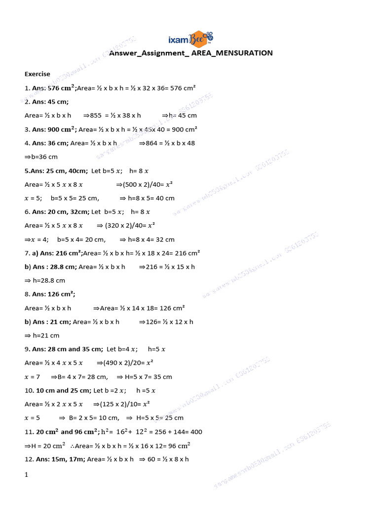 Answer Assignment Area Mensuration PDF | PDF | Area | Geometric Shapes