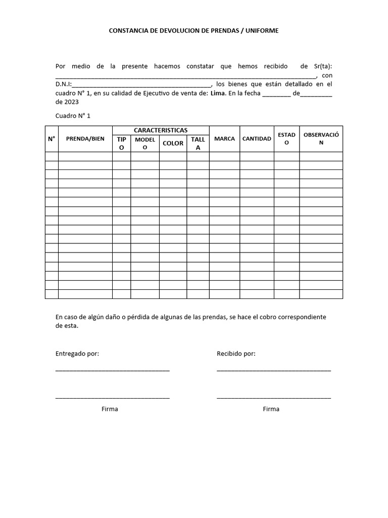 Constancia de Devolucion de Prendas | PDF