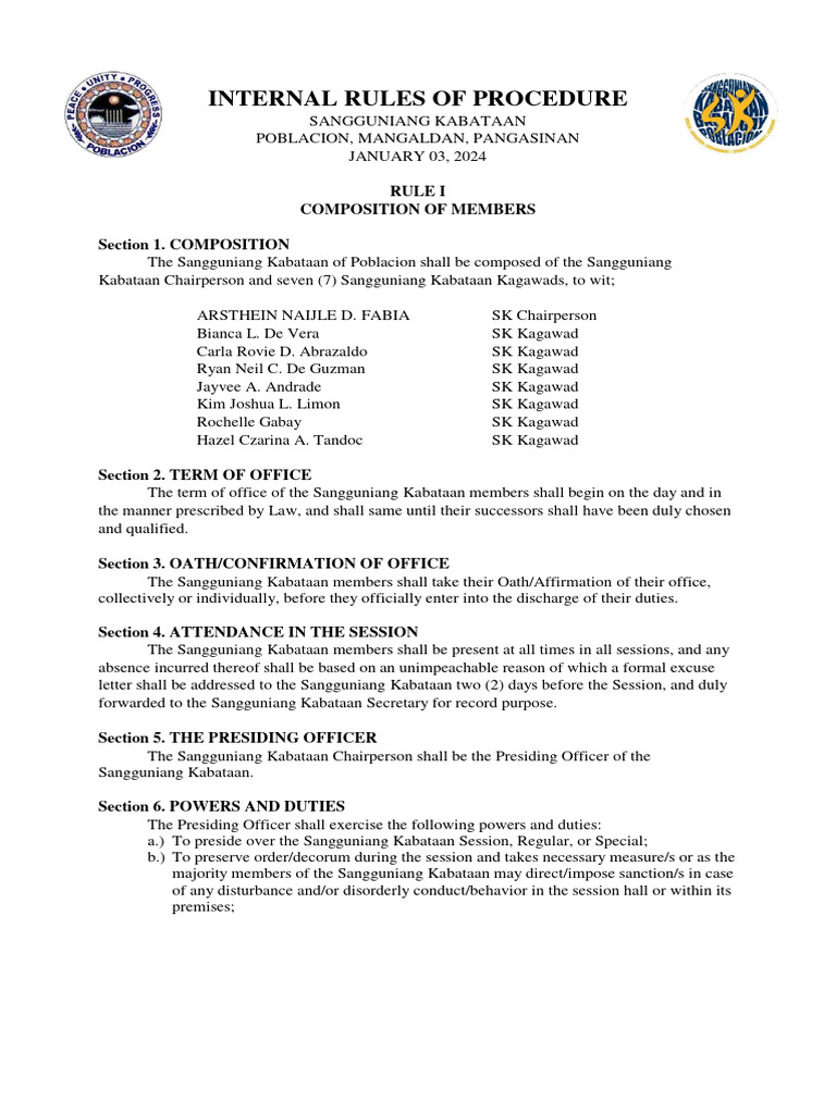 Internal Rules of Procedure SK Poblacion of Mangaldan | PDF
