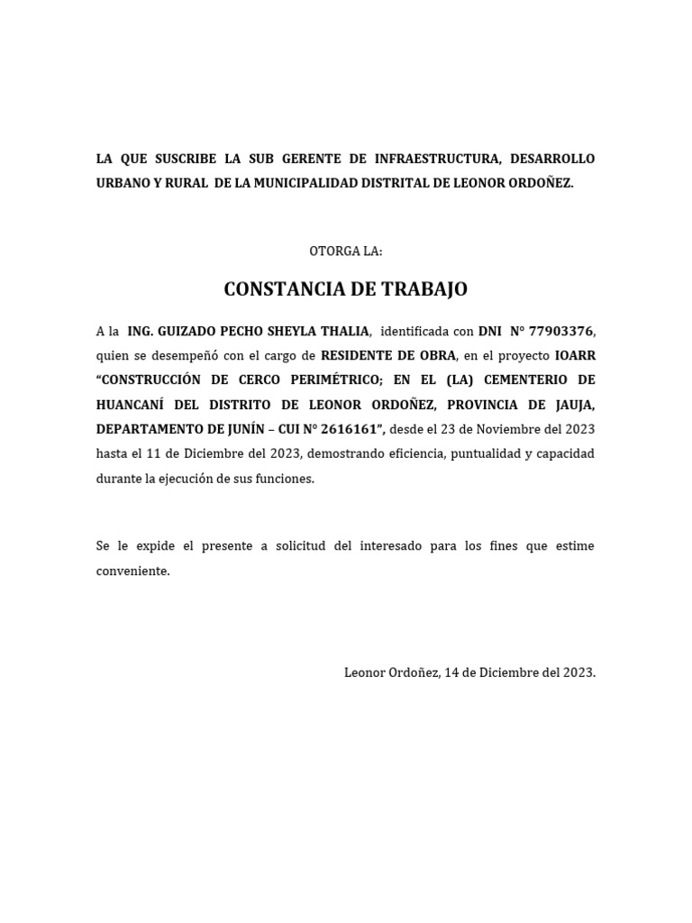 Constancia de Trabajo Sheyla Guizado Huancani | PDF