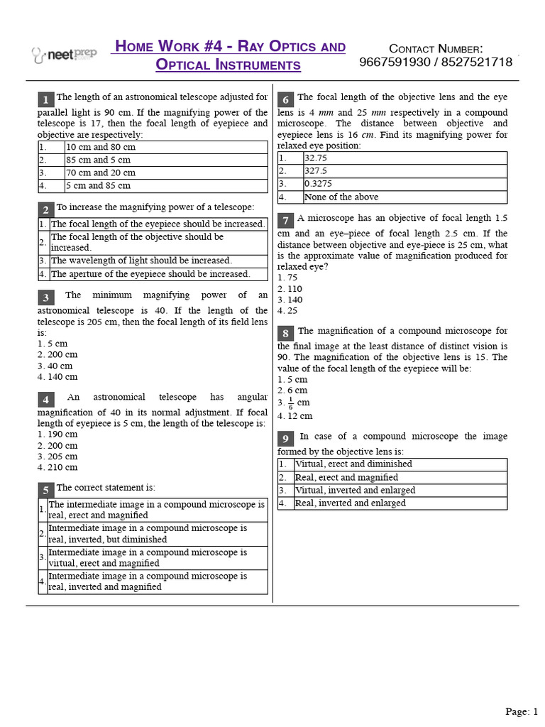 Ray Optics & Optical Instruments Quiz | PDF | Laboratory Equipment | Atomic