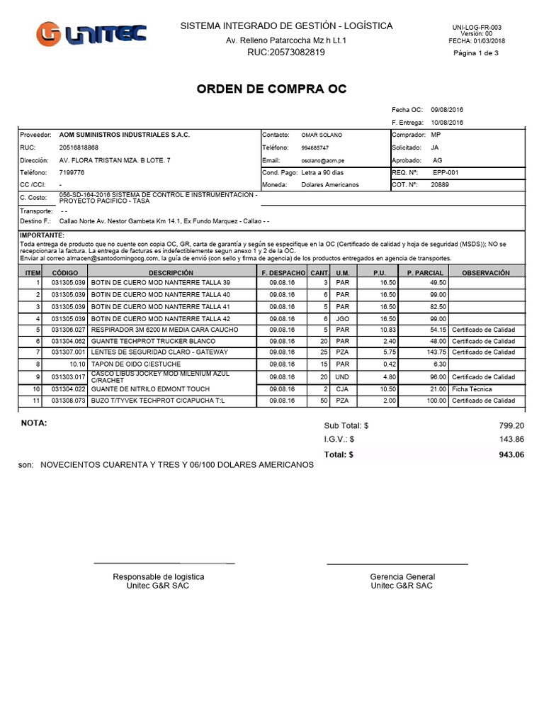 Formato de Oc Uni-Log-Fr-003 | PDF | Factura | Business