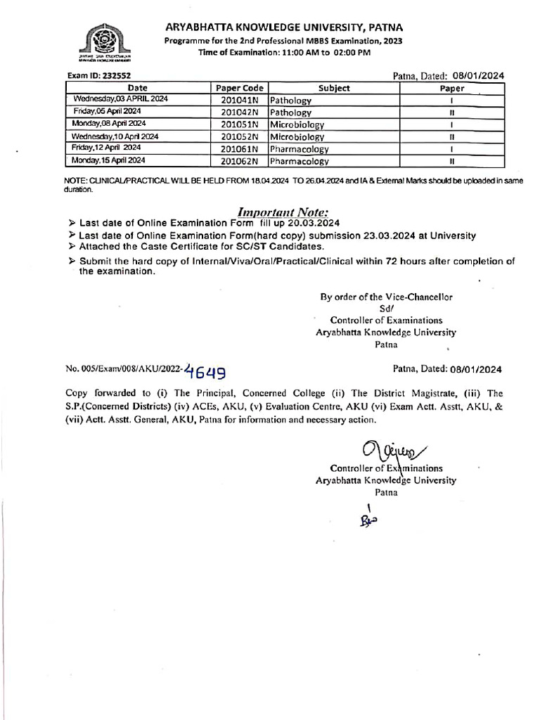 Revised, 2nd Professional MBBS Examination 2023 | PDF