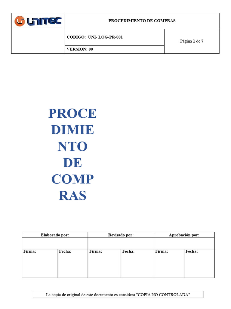 Procedimiento de Compras Uni-Log-Fr-001 | PDF | Presupuesto | Logística