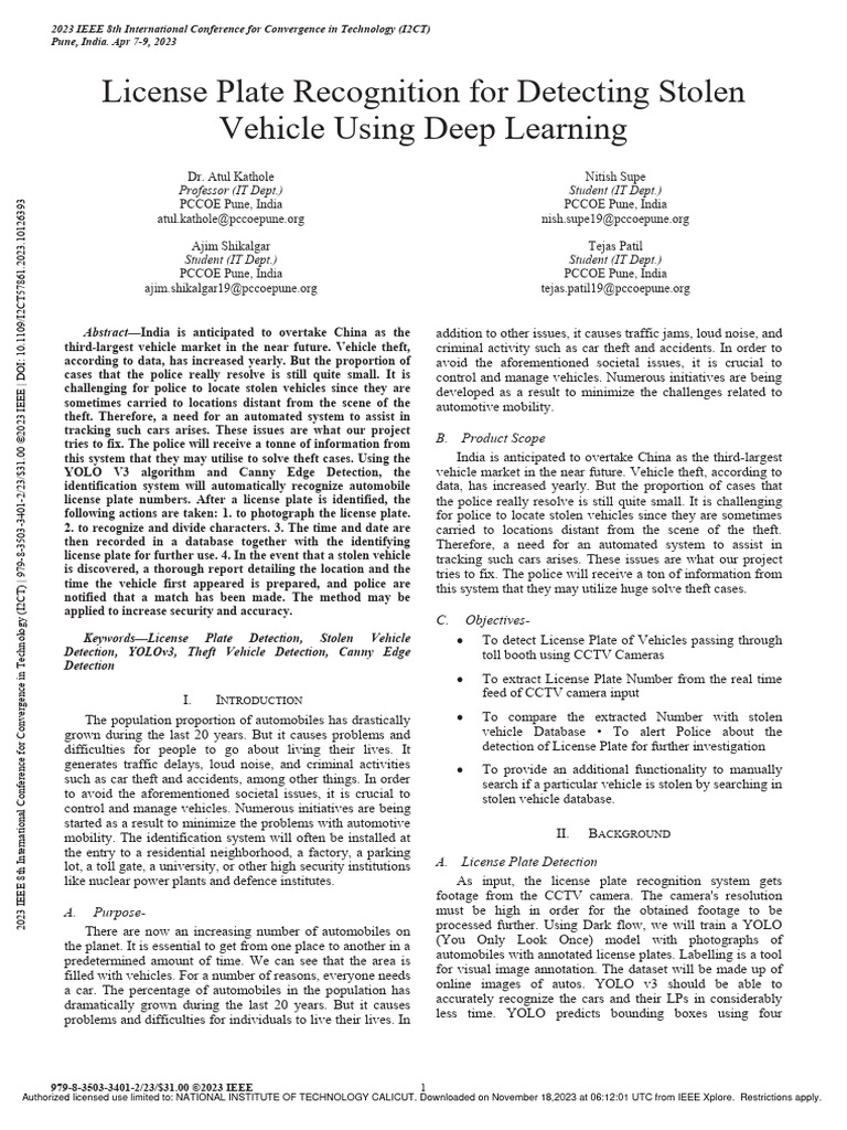 License Plate Recognition For Detecting Stolen Vehicle Using Deep ...