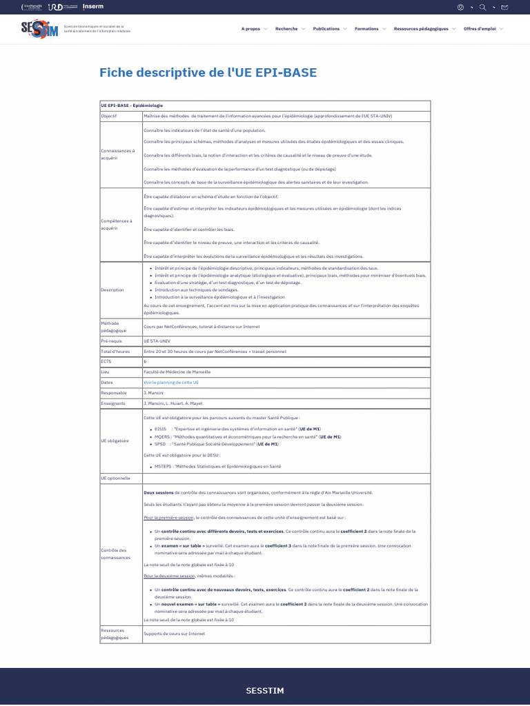 Fiche Descriptive de L'ue Epi-Base - Sesstim | PDF
