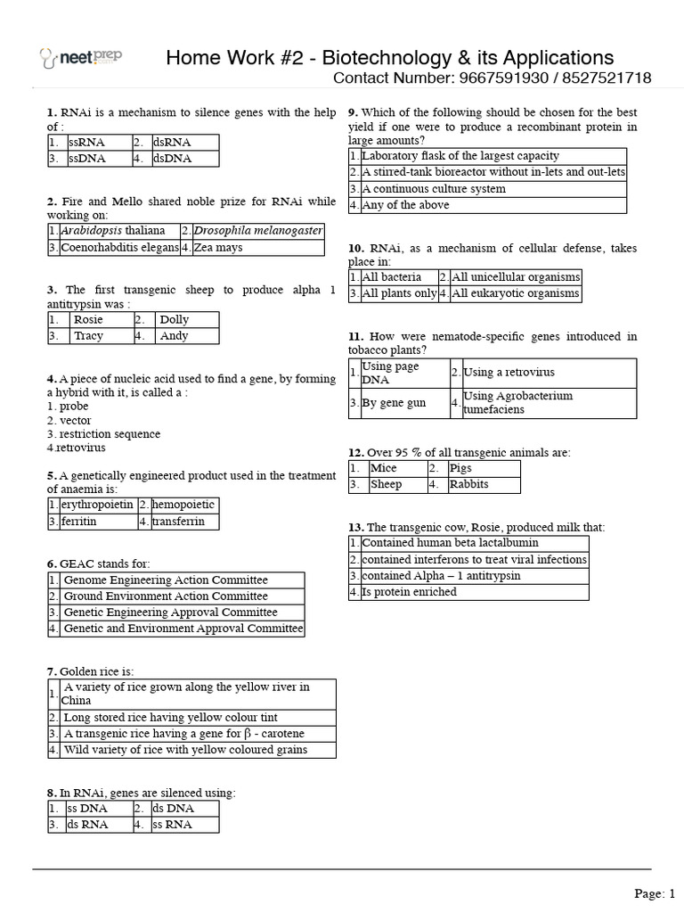 Home Work #2 - Biotechnology & Its Applications | PDF