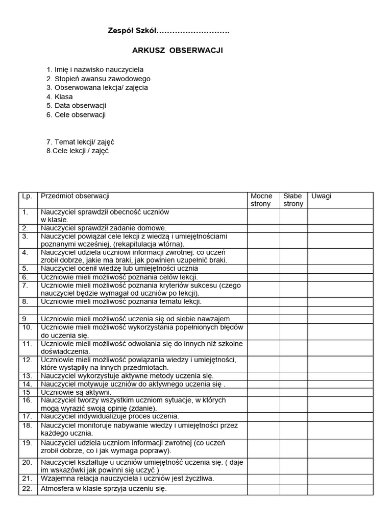 Arkusz Obserwacji Lekcji 1 | PDF