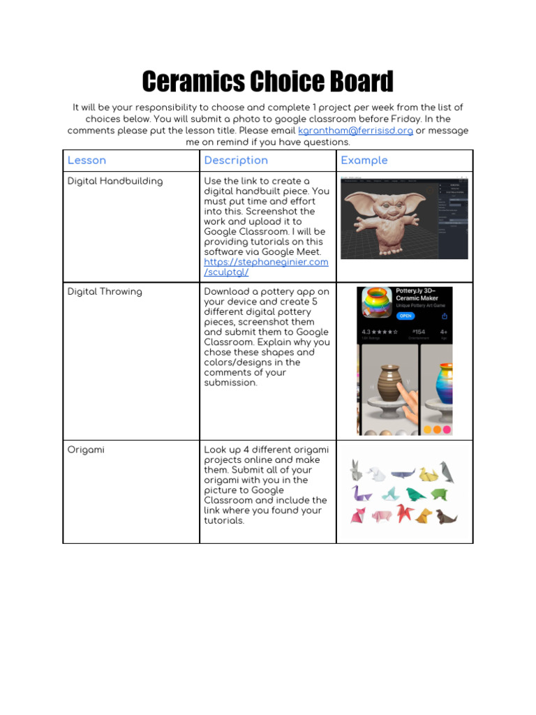 Ceramics Choice Board | PDF