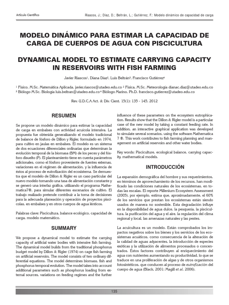 Modelo Dinamico para Estimar La Capacidad de Carga (Riascos Et Al. 2012 ...