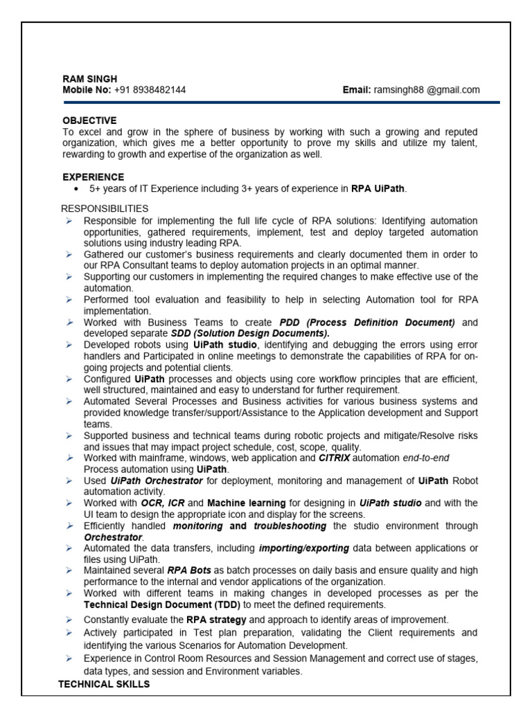 Ram Singh - UiPath - Resume | PDF | Automation | Microsoft Outlook