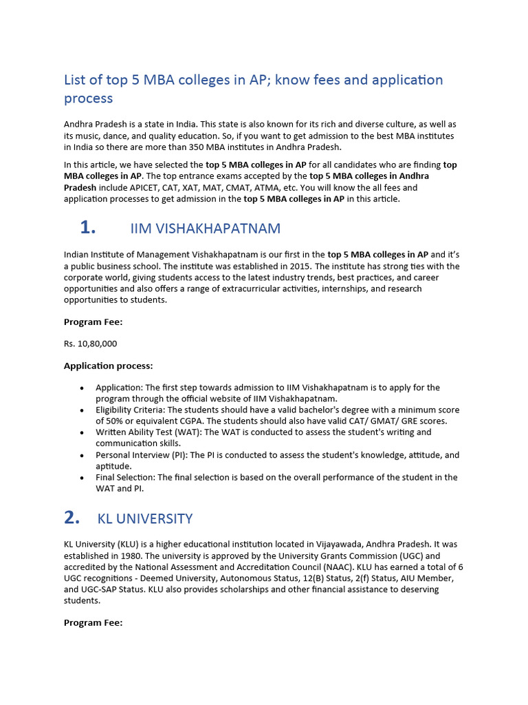 List of Top 5 MBA Colleges in AP - New | PDF