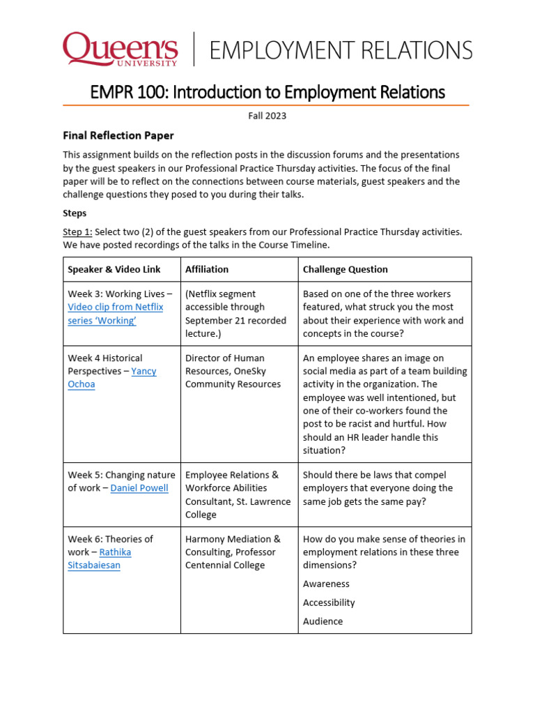 Final Reflection Paper EMPR 100 F 2023 | PDF | Employment | Learning