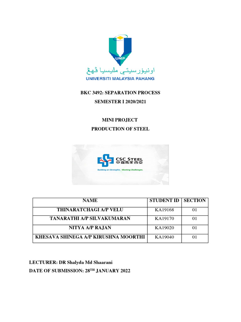 Separation Process (Group 10 Steel Production) (Sec 01) | PDF