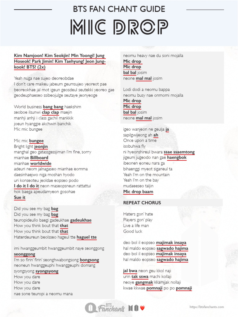 BTS Mic Drop Fan Chant Lyrics | PDF