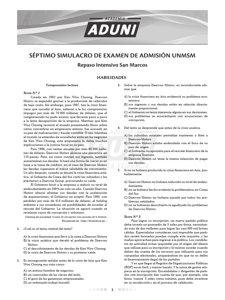 7 Simulacro Tipo Unmsm | PDF