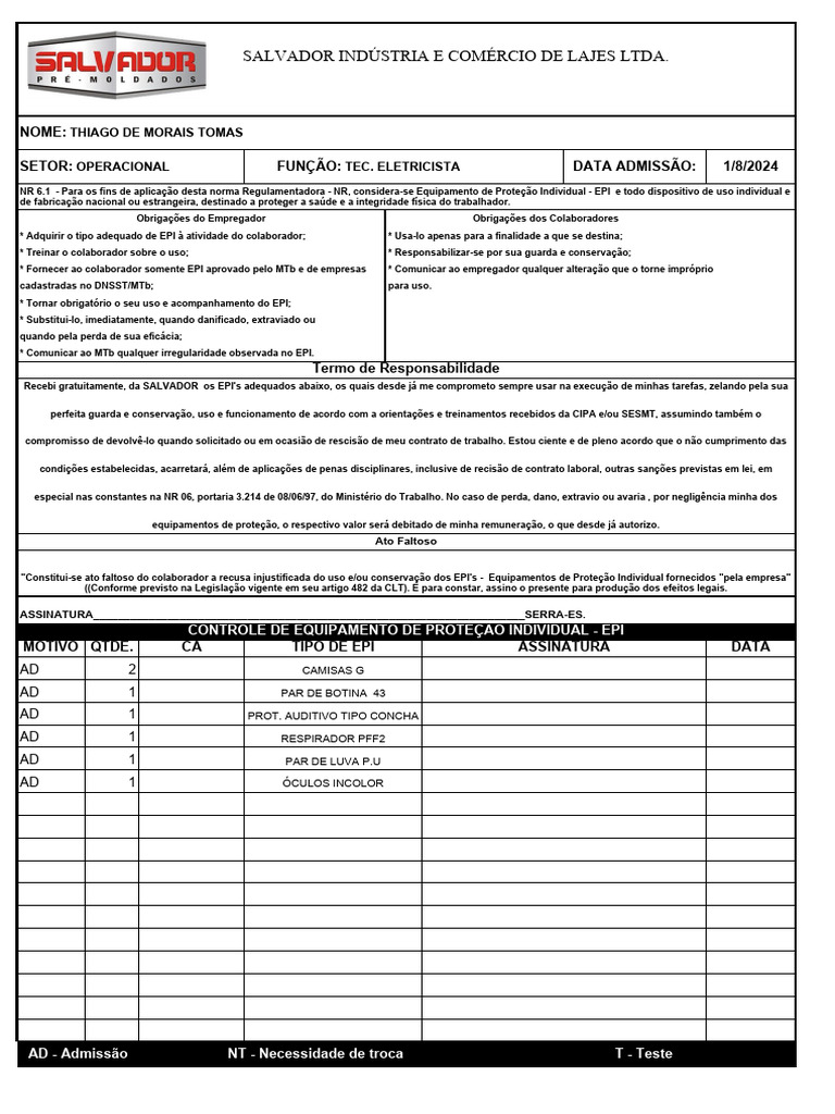 Thiago - Ficha de Epi | PDF