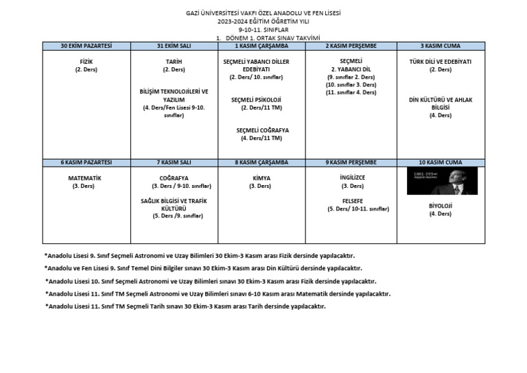 2023-24 1.donem 1.yazili Takvimi 9-10-11 | PDF