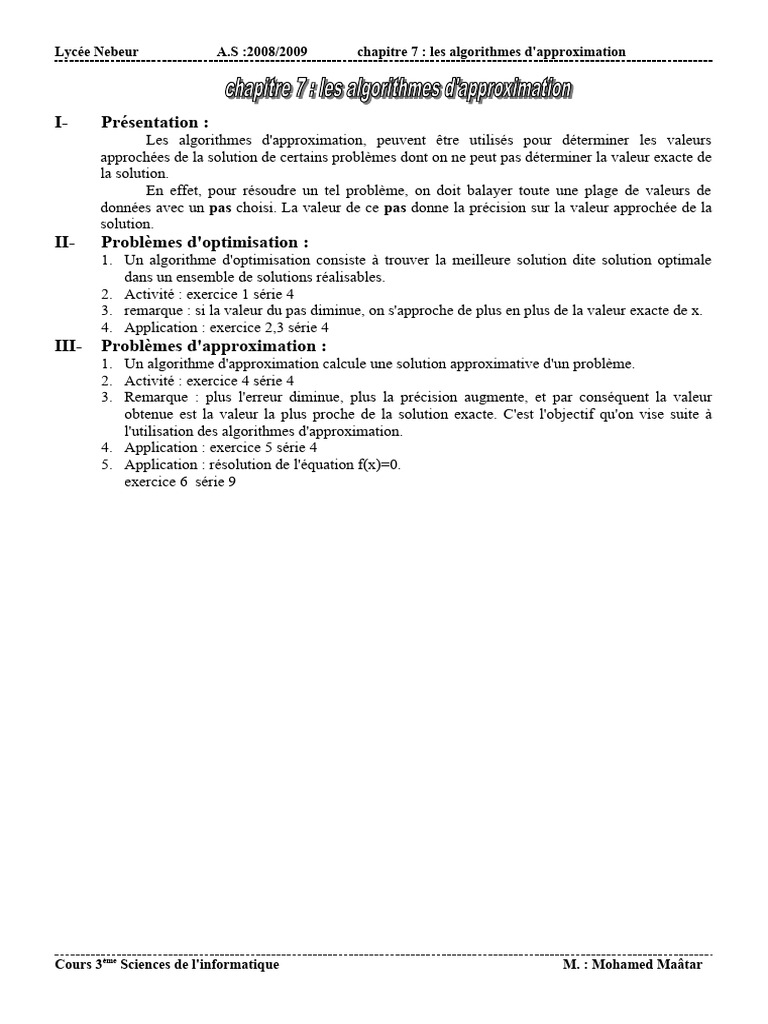 Chapitre 7 Les Algorithmes D'approximation 06-07 Info | PDF | Méthodes et références ...