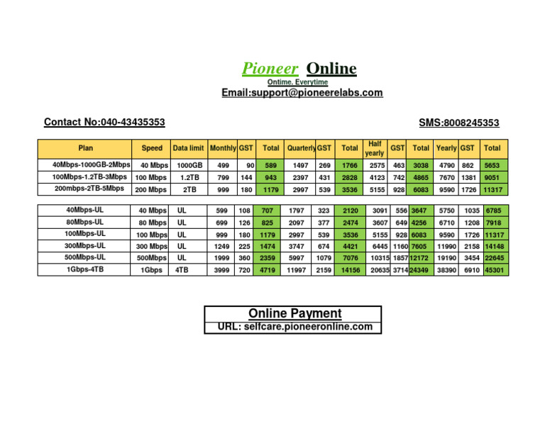 Pioneer Online Internet Plans & Pricing | PDF