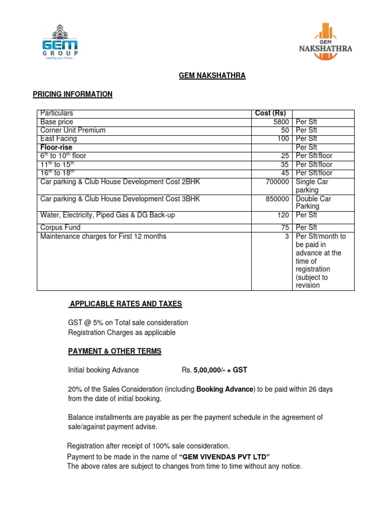 Nakshathra Tower-B Pricesheet | PDF | Money | Government