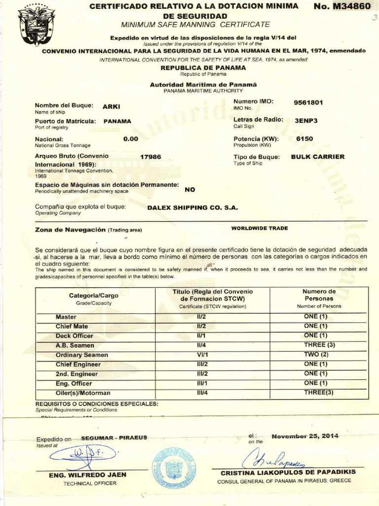Min. Safe Manning Cert | PDF