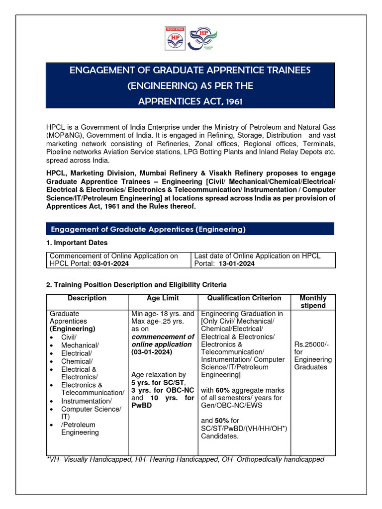 HPCL Graduate Engineering Apprenticeship 2024 | PDF | Business ...