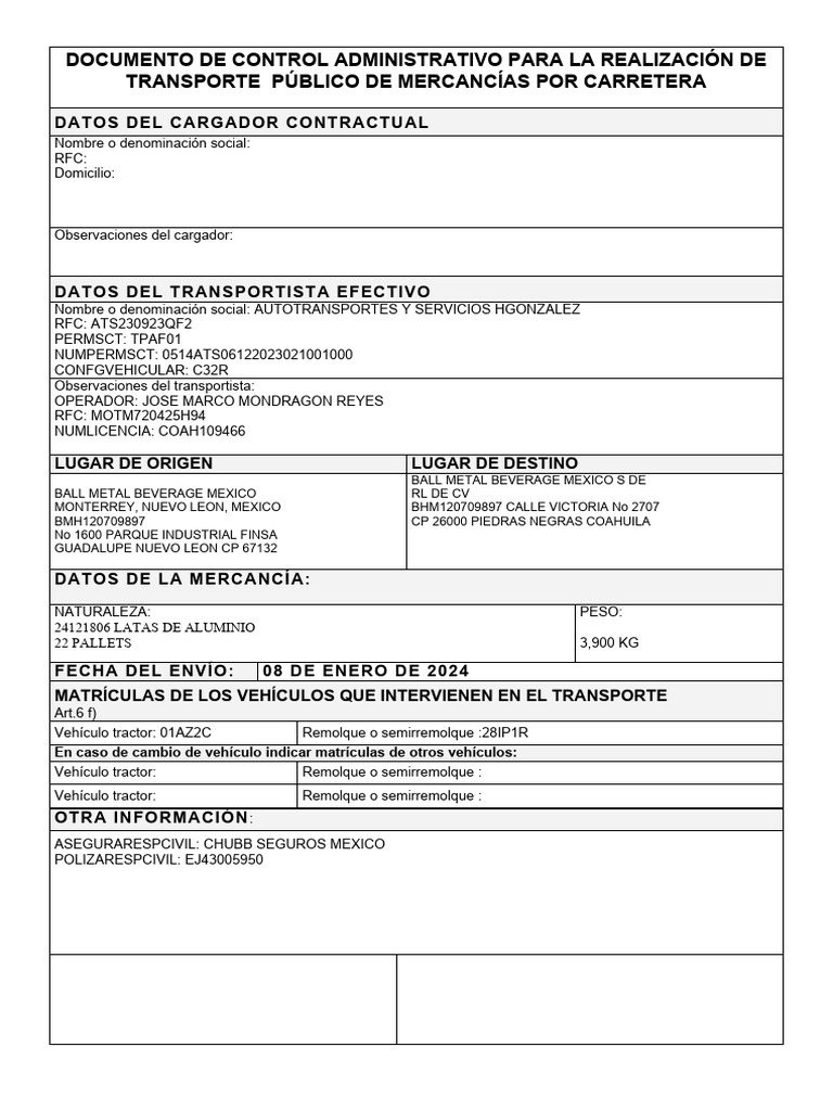 Documento Control Transporte Publico Mercancías | PDF