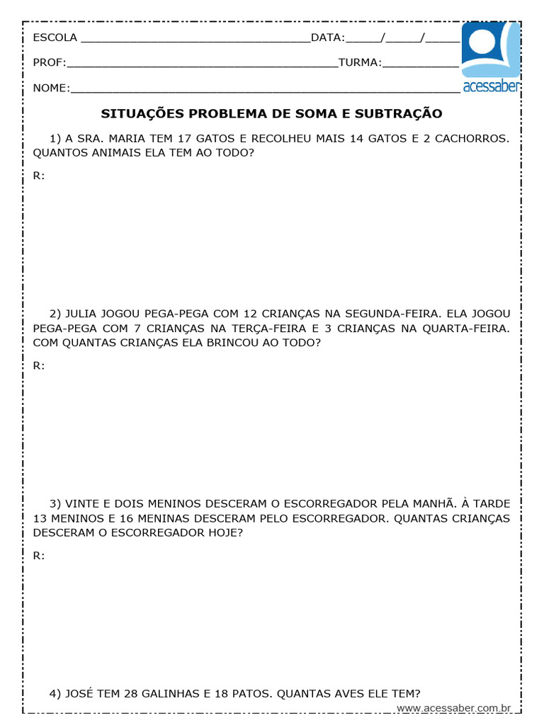 Atividade de Matematica Situacoes Problema de Soma e Subtracao 2 Ano e ...