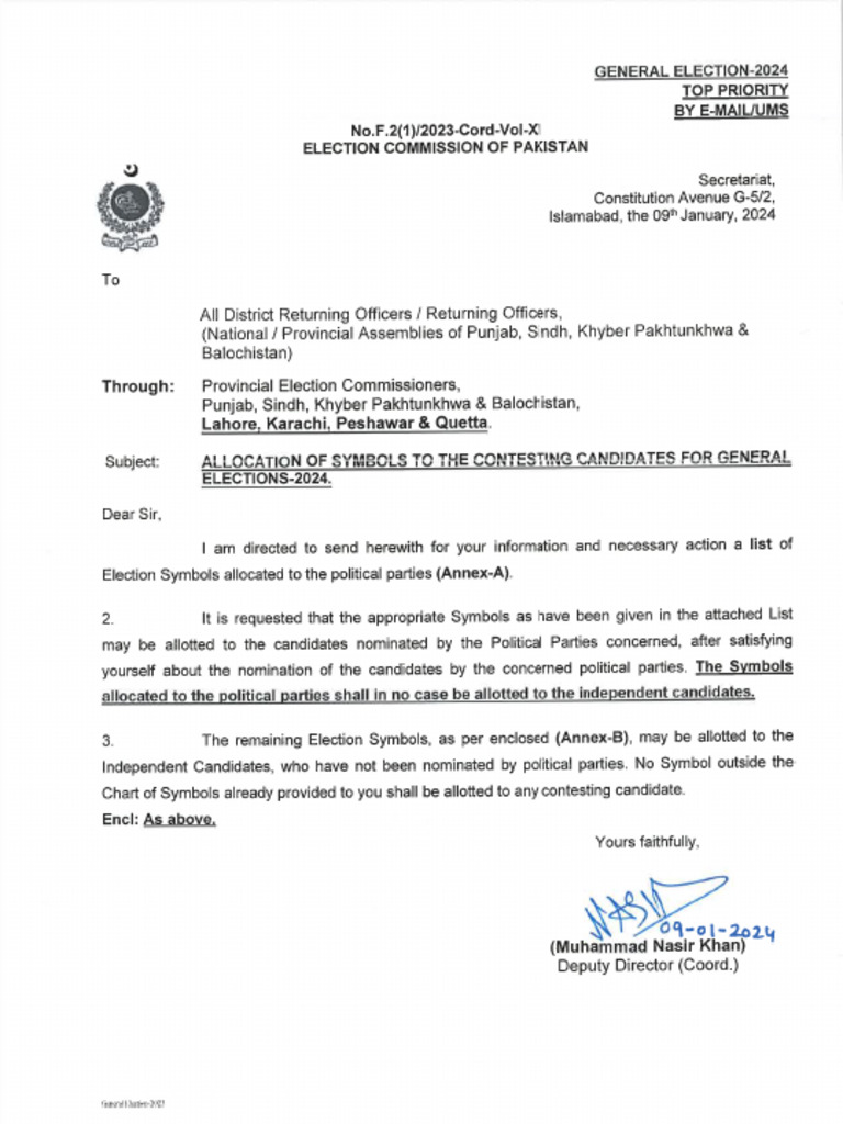 ECP Allot Electoral Symbol To Parties | PDF