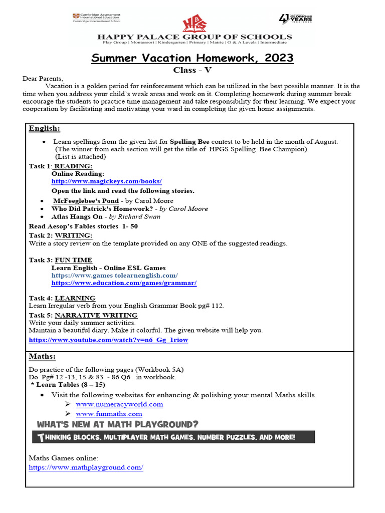 5 - Summer Break Assignment 2023 | PDF