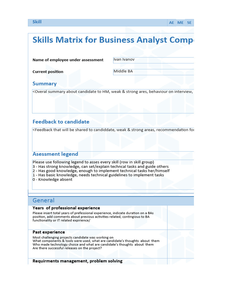 Business Analyst Skills Assessment Matrix | PDF | Business Analysis ...