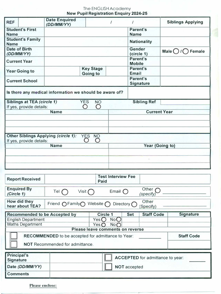 ENGLISH Academy Registration Form 2024-25 | PDF