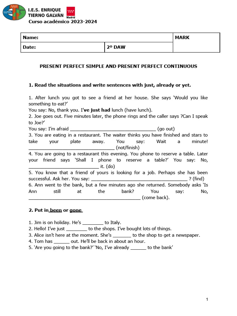 Present Perfect Simple and Present Perfect Continuous | PDF | Language ...