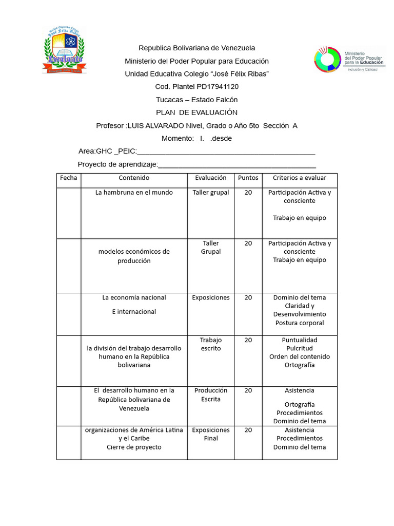 Plan de Evaluación para Representantes GHC 4to Años | PDF