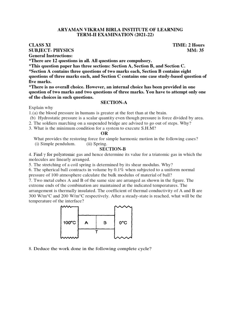 Class XI Physics Term-II Exam Paper | PDF | Gases | Fluid Dynamics