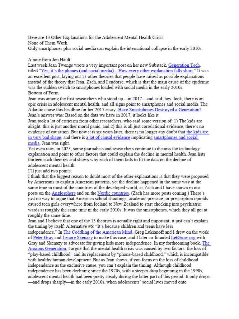 Here Are 13 Other Explanations For The Adolescent Mental Health Crisis ...