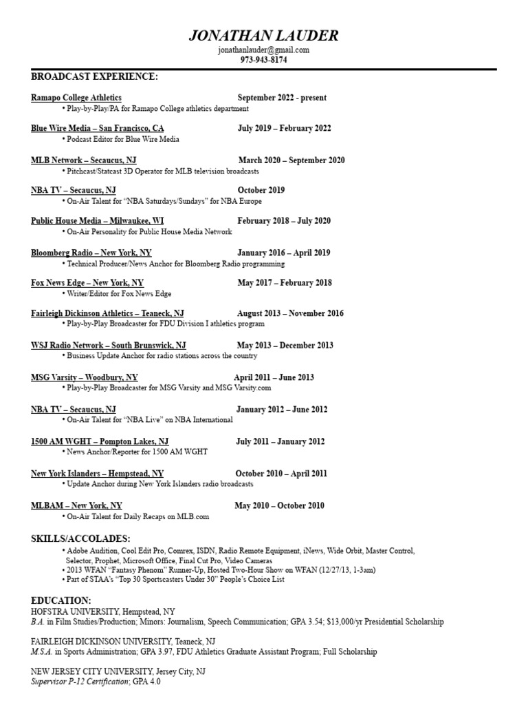 Jonathan Lauder: Broadcast Experience | PDF | Mass Media | Broadcasting