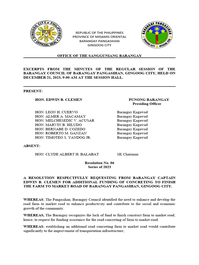 Barangay Resolution 2023 2024 | PDF