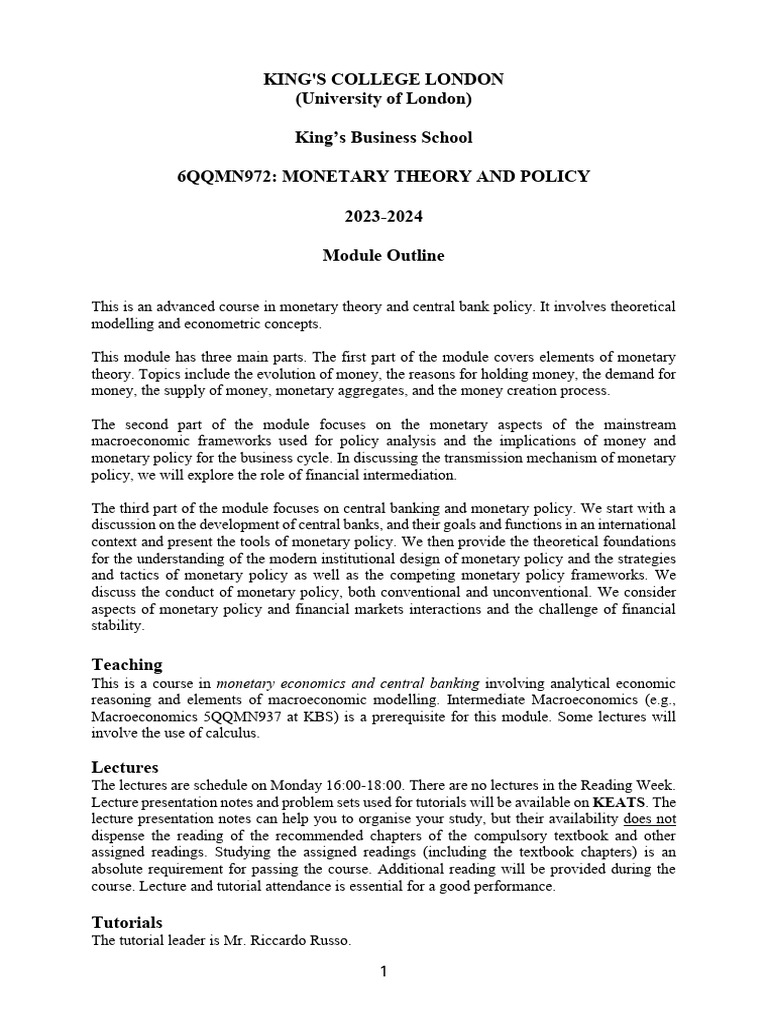 6QQMN972 Module Outline 23-24 | PDF | Monetary Policy | Macroeconomics