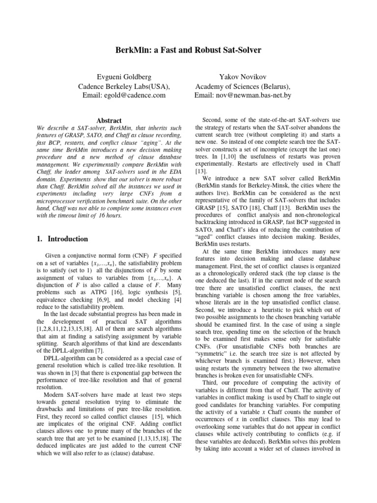 Berkmin: A Fast and Robust Sat-Solver | PDF