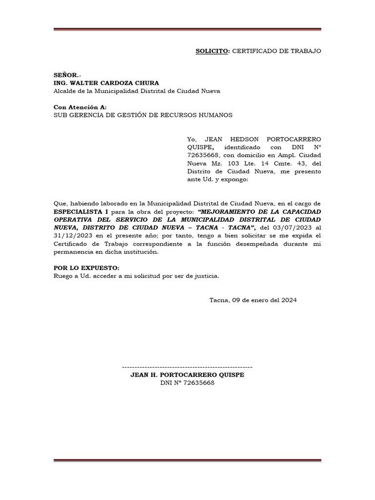 Modelo de Solicitud de Certificado de Trabajo | PDF